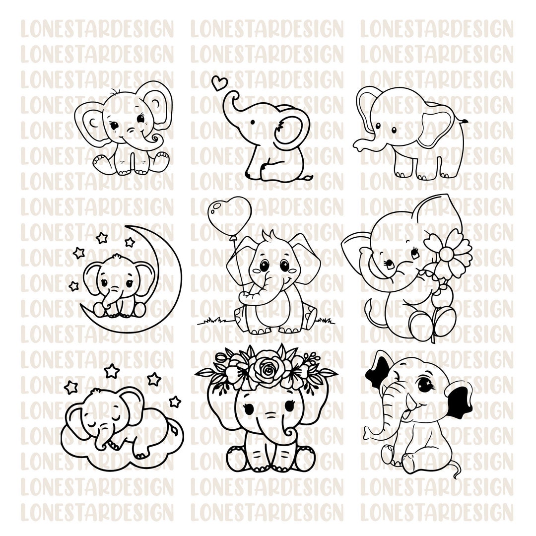 Baby Elephant Bundle SVG Cute Elephant Girl Cut File Elephant Outline ...