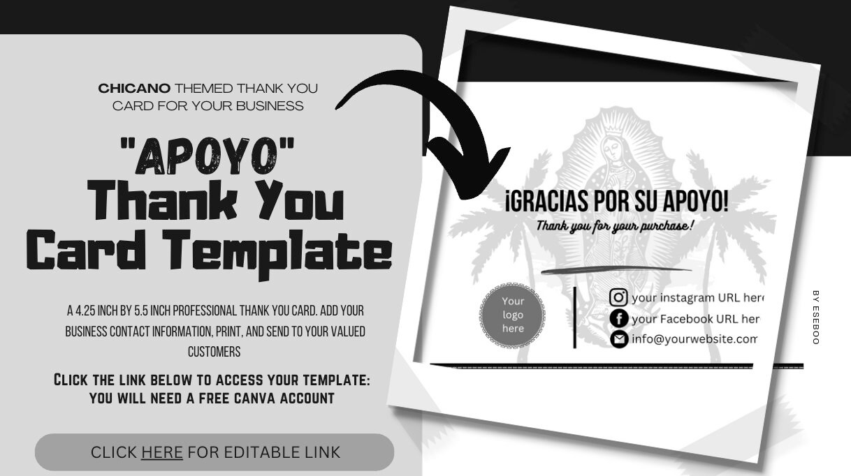 Chicano Themed Thank You Card La Virgen for Customer Purchases “apoyo ...