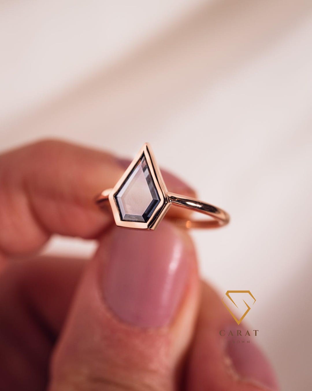 Portrait Cut Moissanite Diamond Ring 1.75 Ct Gray Bezel Set Solitaire ...