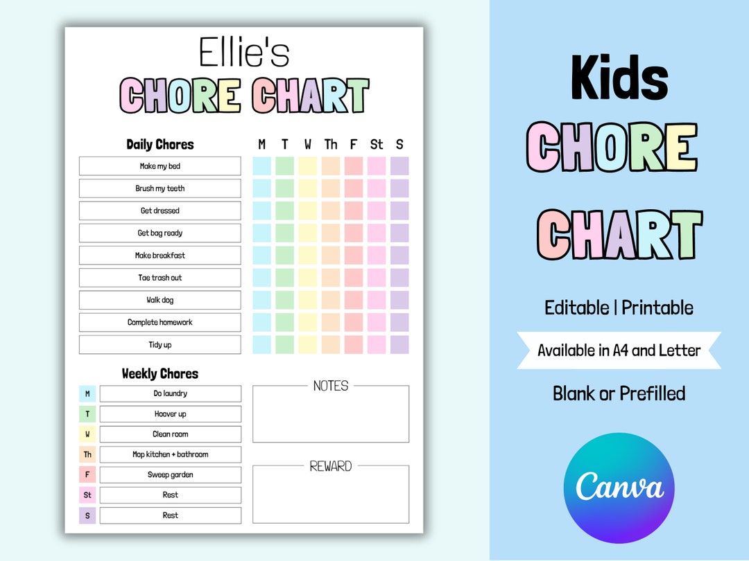 Pre Filled Printable Chore Chart