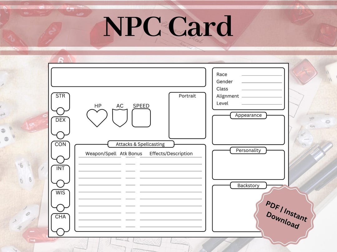 NPC Card | Dnd and TTRPG Template | Fantasy World-building | Game Master Resource | Creative ...