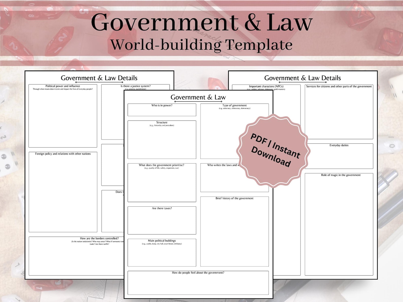 Fantasy Worldbuilding: Government & Law Template (digital and Printable ...