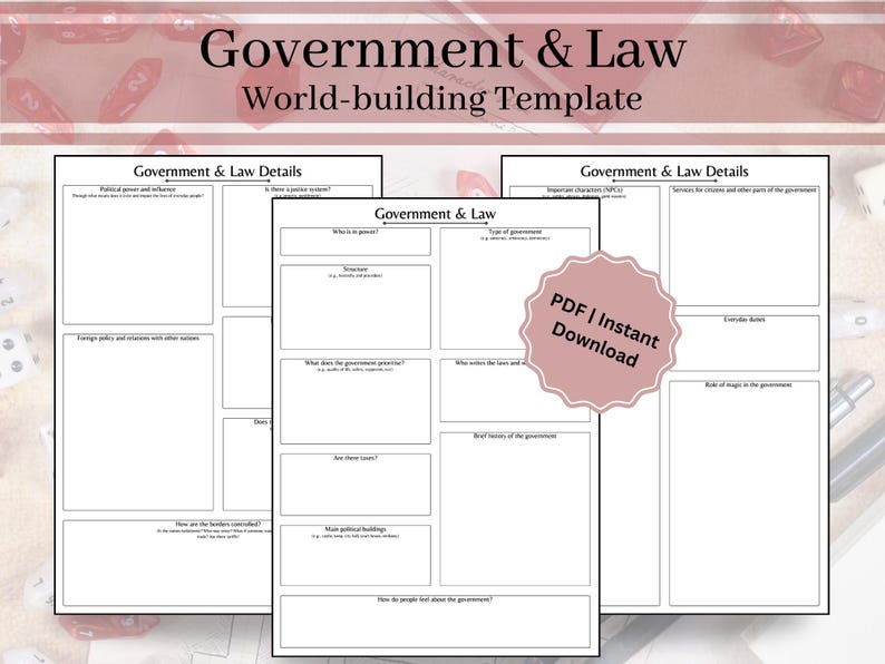 Fantasy Worldbuilding: Government & Law Template (digital and Printable ...