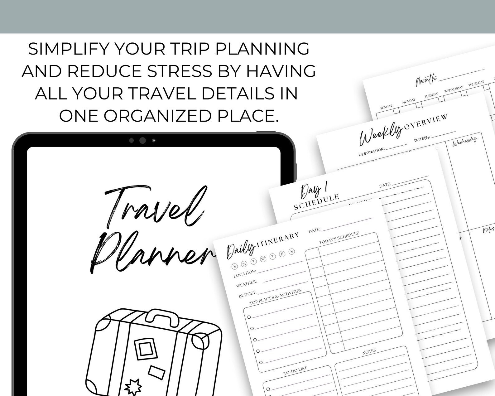 Travel Itinerary Planner Printable Minimalistic Travel Planner Etsy