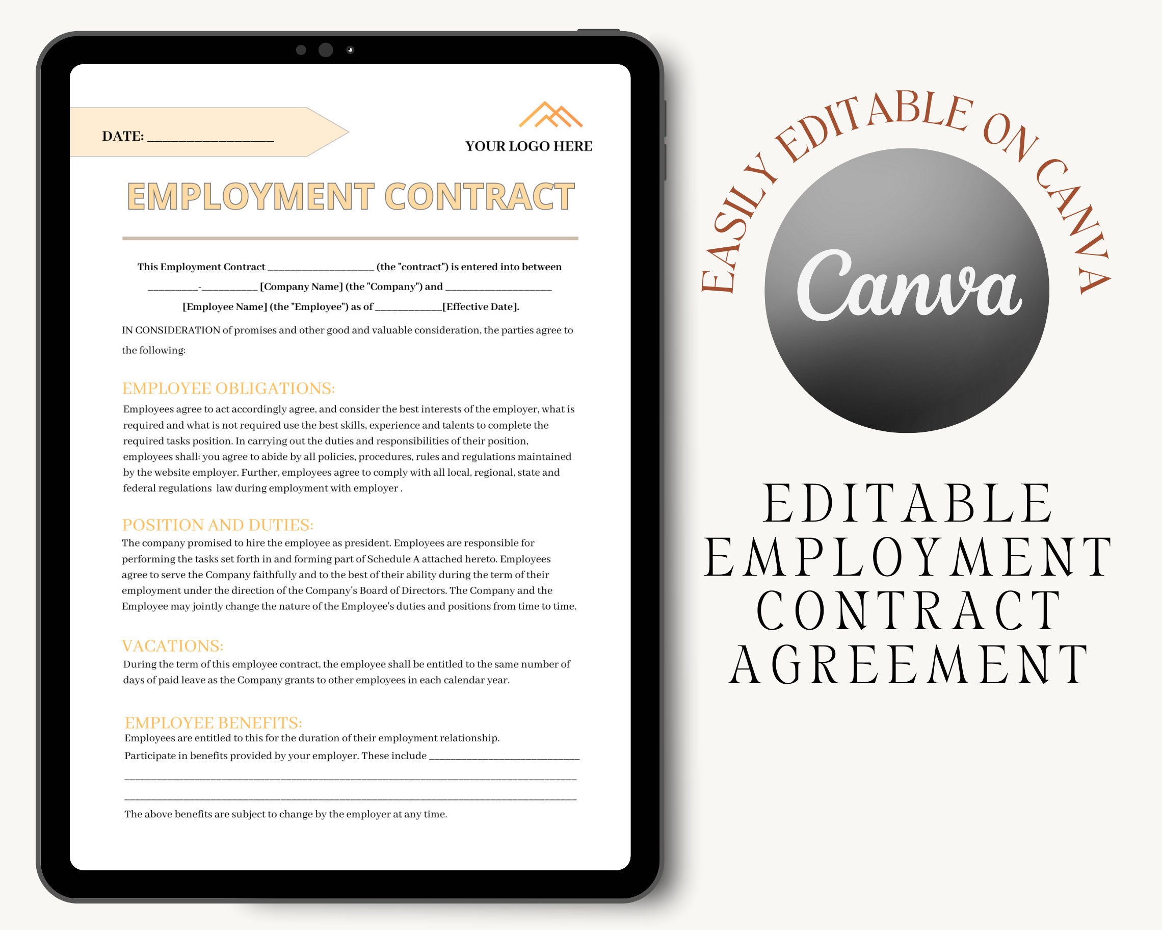 Editable Employment Contract Agreement Template, Employment Job Service ...