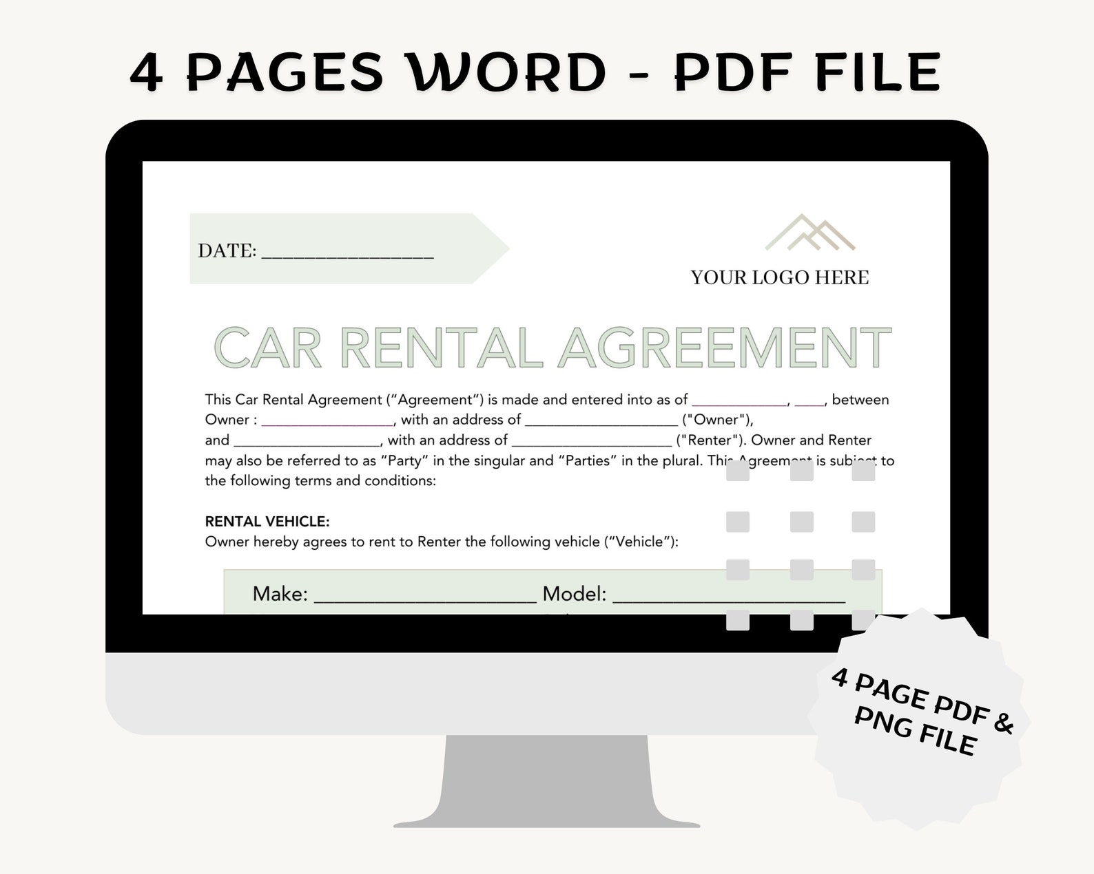 Editable Car Rental Agreement Template, Car Rental Contract, Car Rental ...