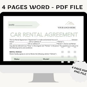 Editable Car Rental Agreement Template, Car Rental Contract, Car Rental ...