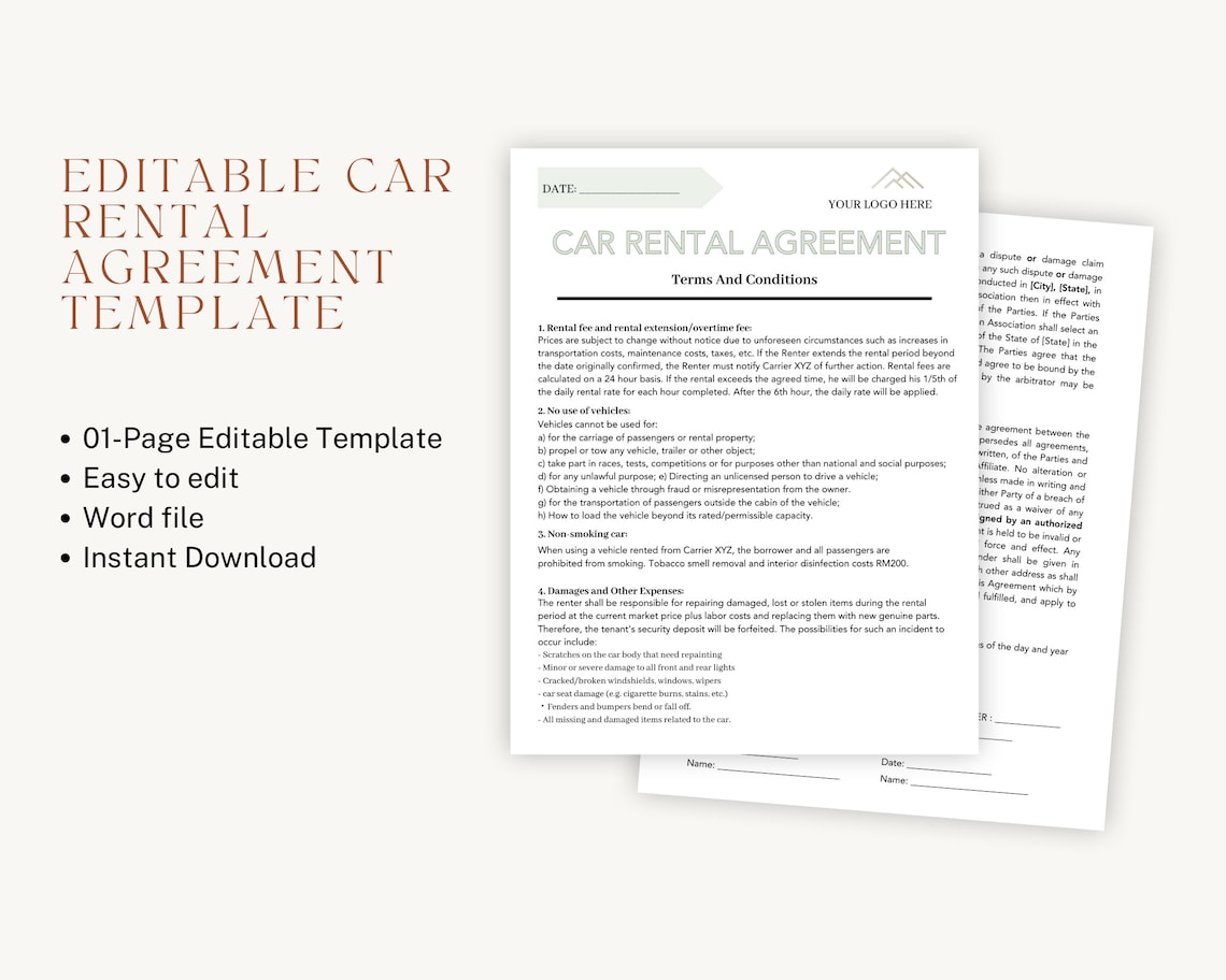 Editable Car Rental Agreement Template, Car Rental Contract, Car Rental ...