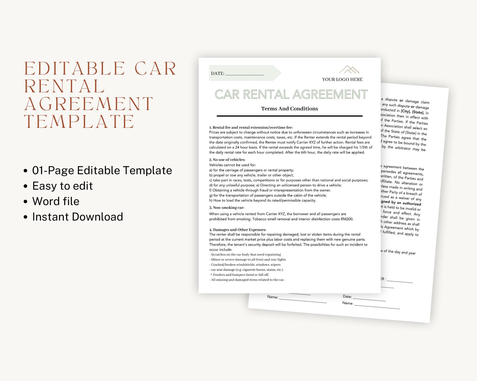Editable Car Rental Agreement Template, Car Rental Contract, Car Rental ...