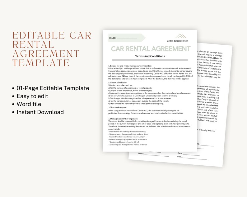 Editable Car Rental Agreement Template, Car Rental Contract, Car Rental ...