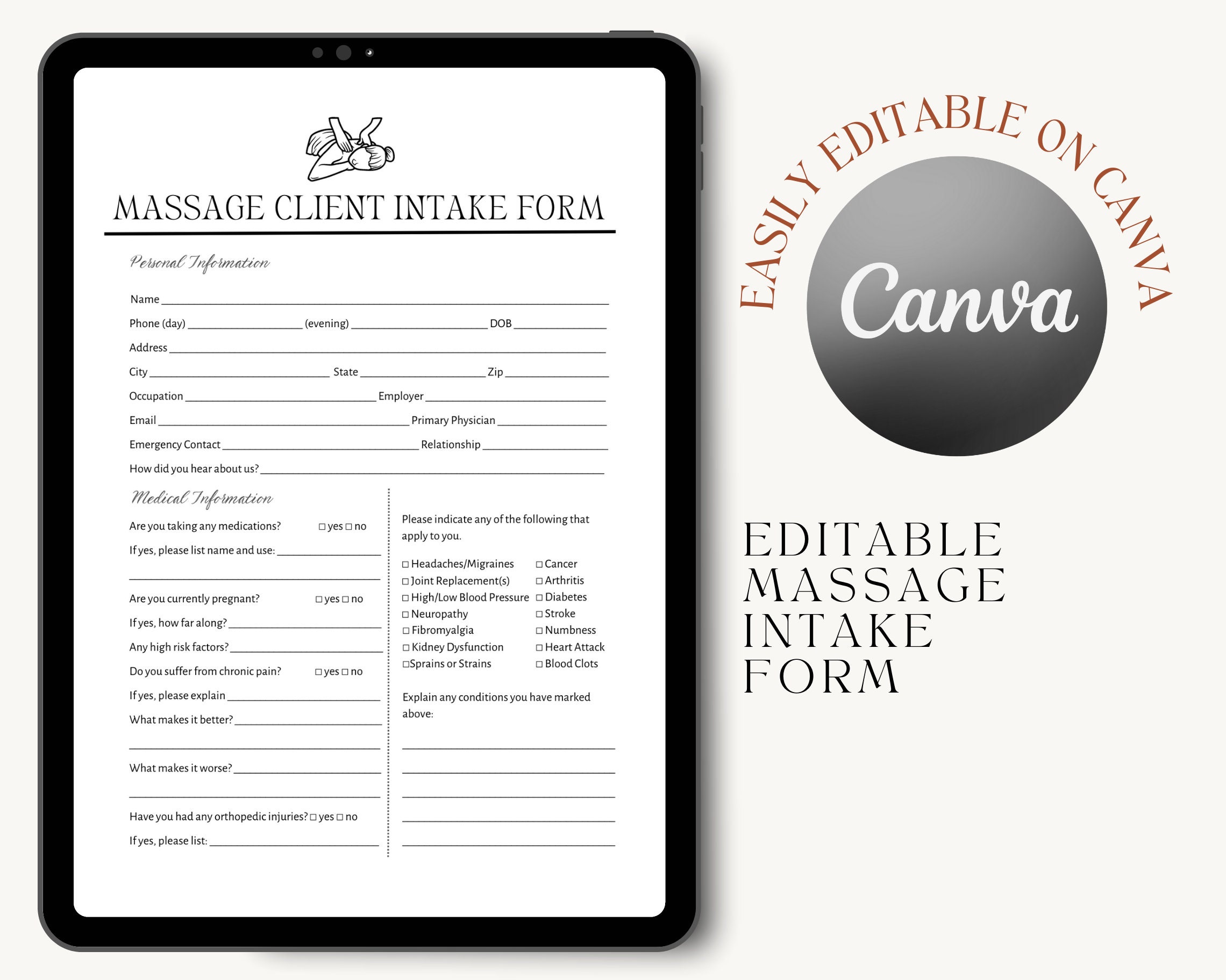 Professional Massage Intake Form, Massage Consent Form, Massage ...