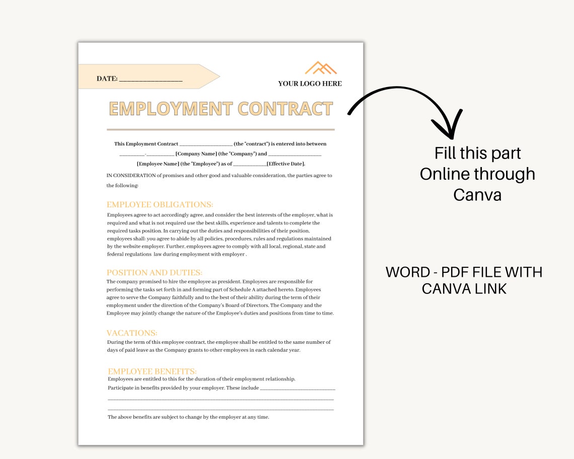 Editable Employment Contract Agreement Template, Employment Job Service ...