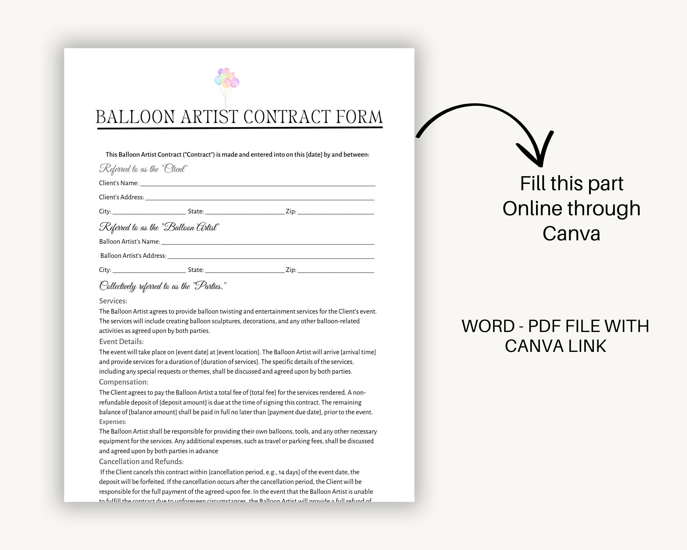 Balloon Artist Contract Template, Balloon Stylist Agreement, Balloon ...
