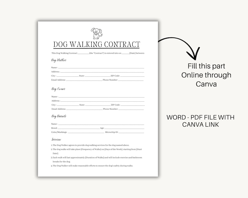 Dog Walking Service Agreement/contract Template, Editable & Printable ...