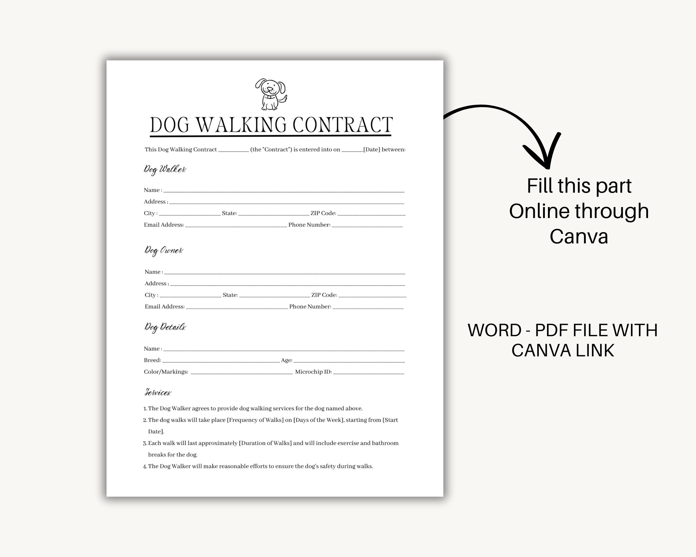 Dog Walking Service Agreement/contract Template, Editable & Printable ...