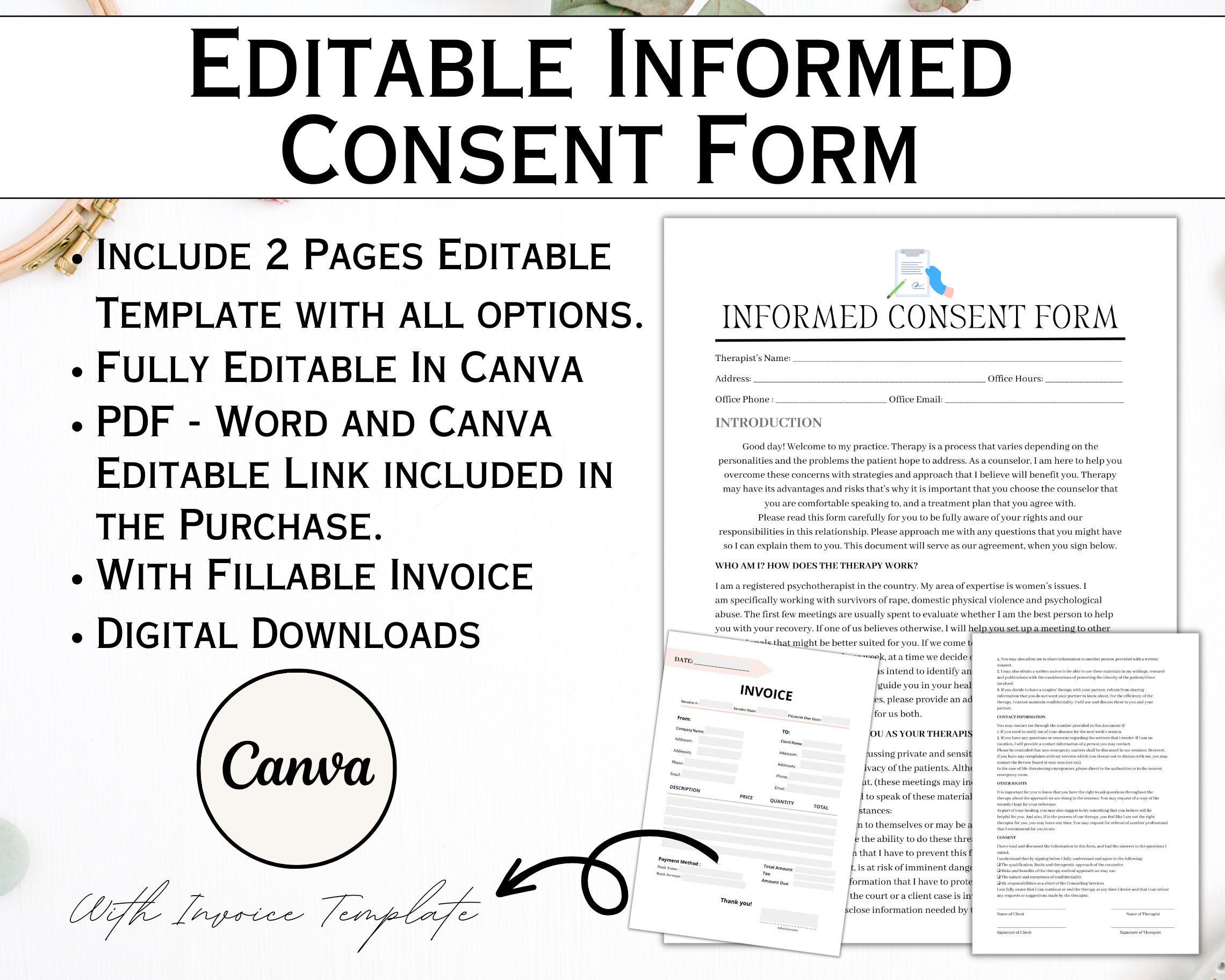 Editable General Informed Consent Form, Client Intake Form, Consent ...