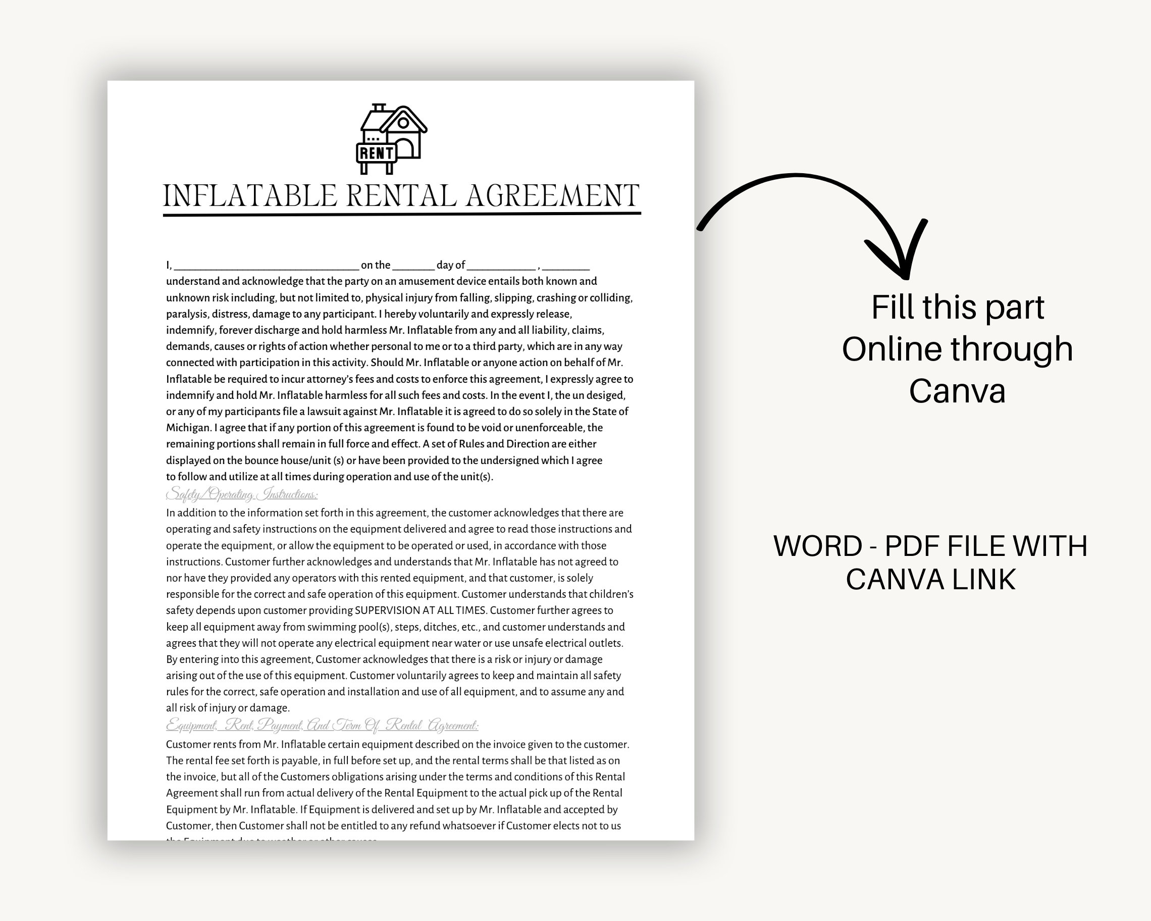 Inflatable Rental Agreement Template, DIY Editable, Inflatable Rent ...