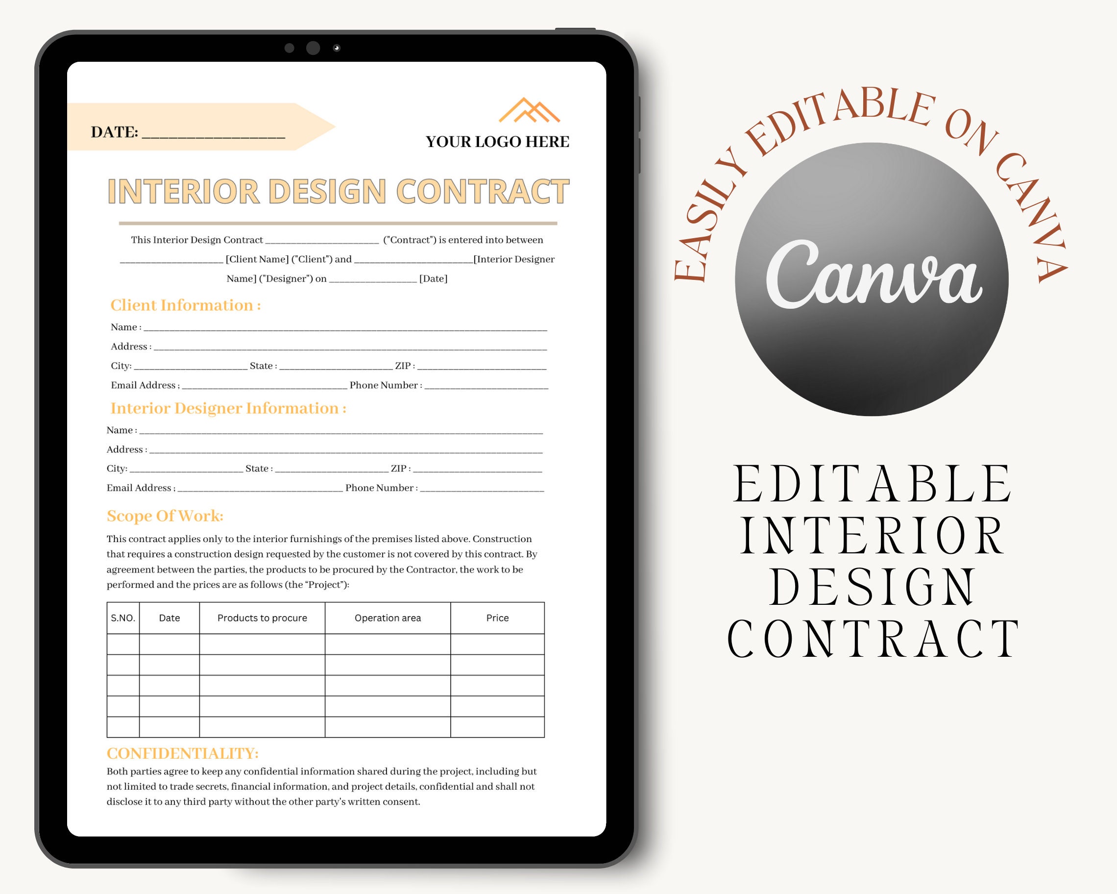 Editable Interior Design Contract Template, Interior Designer Service ...