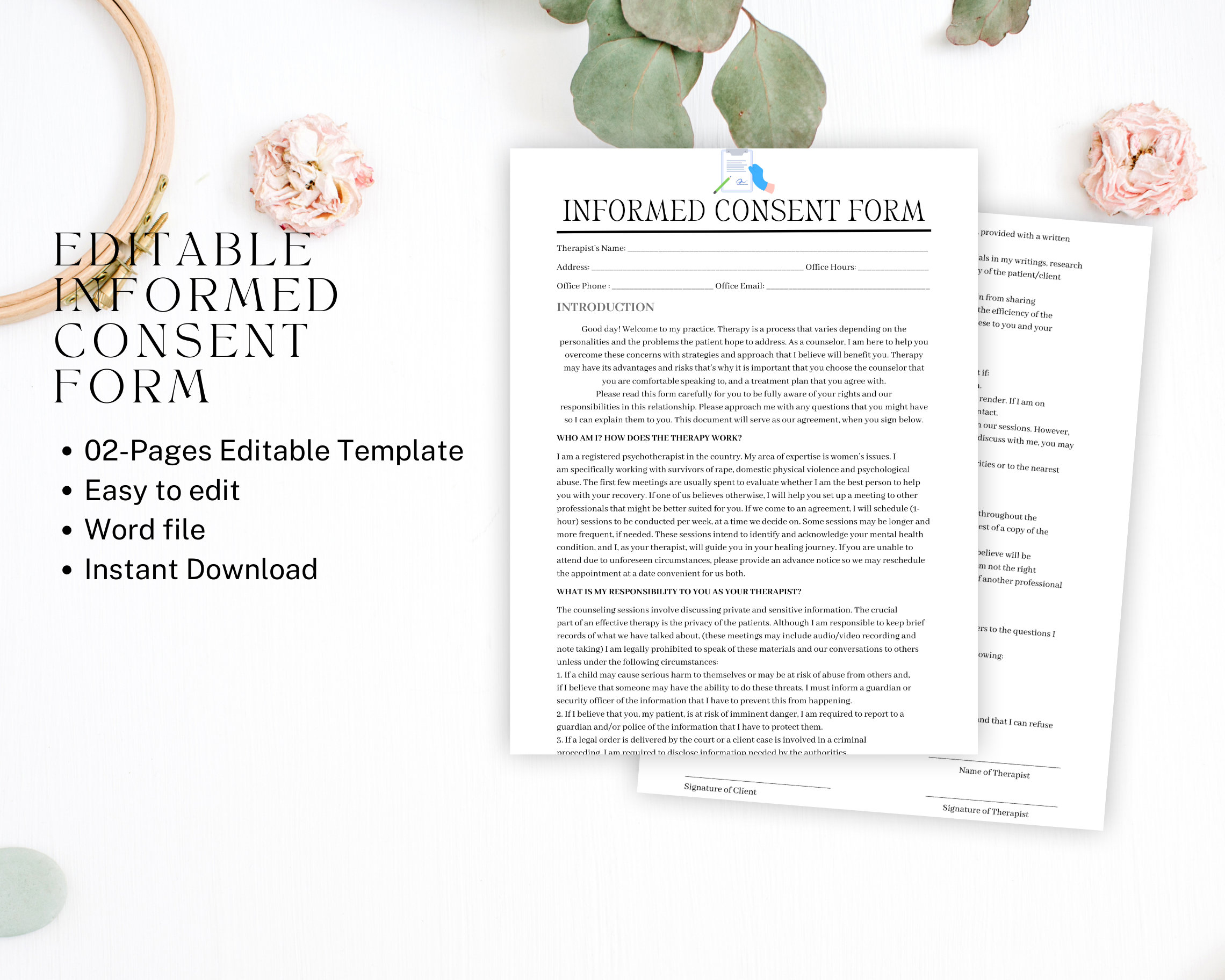 Editable General Informed Consent Form, Client Intake Form, Consent ...