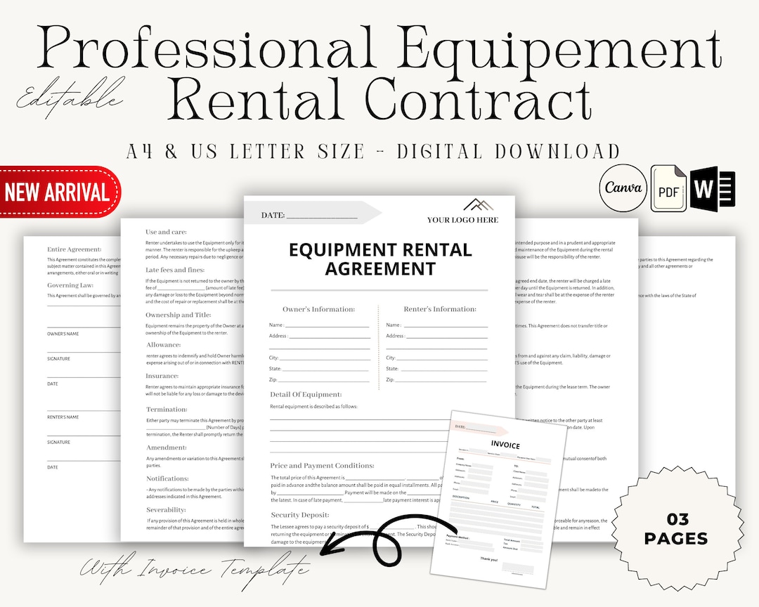 Editable Equipment Rental Agreement, Editable Equipment Lease ...