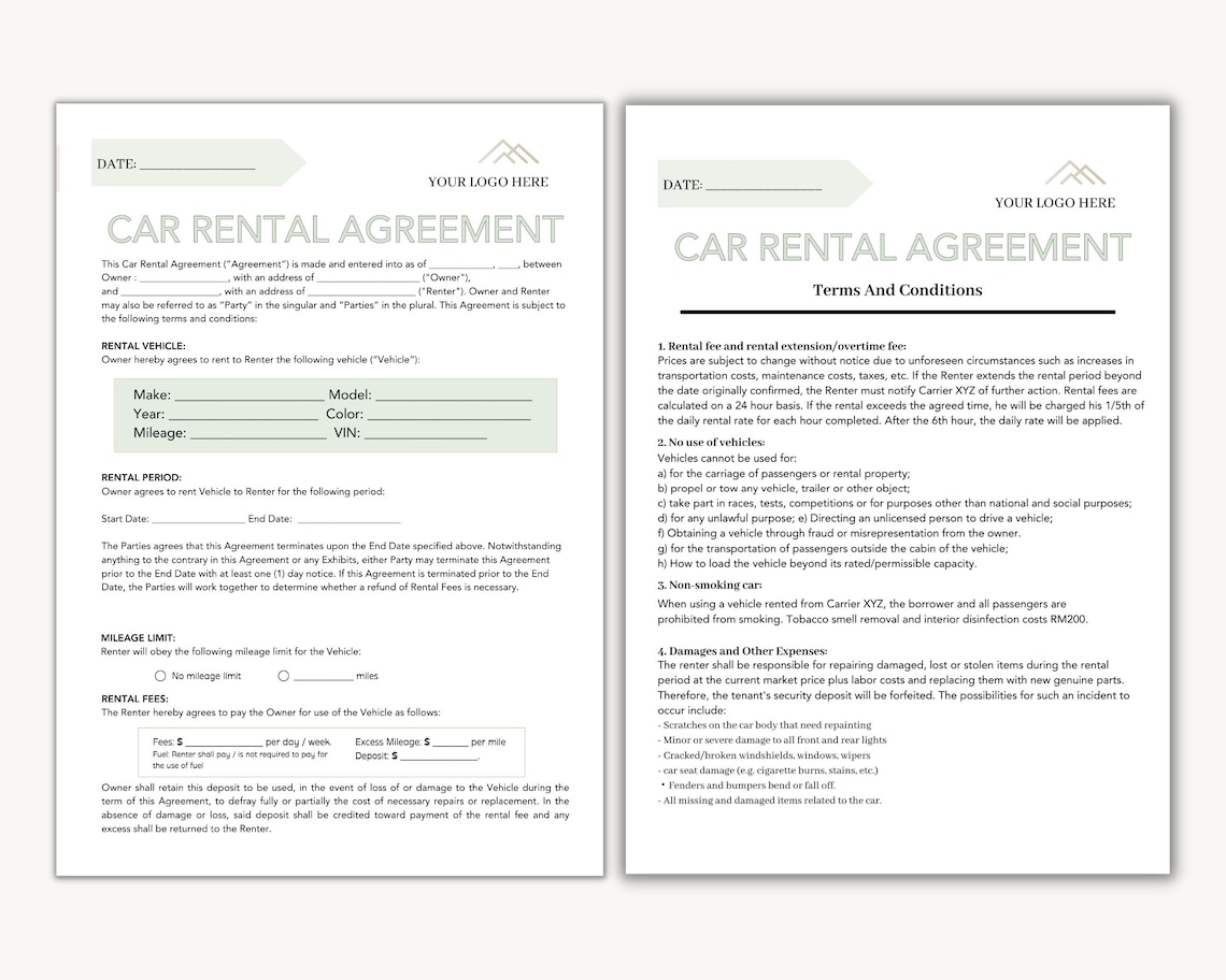 Editable Car Rental Agreement Template, Car Rental Contract, Car Rental ...
