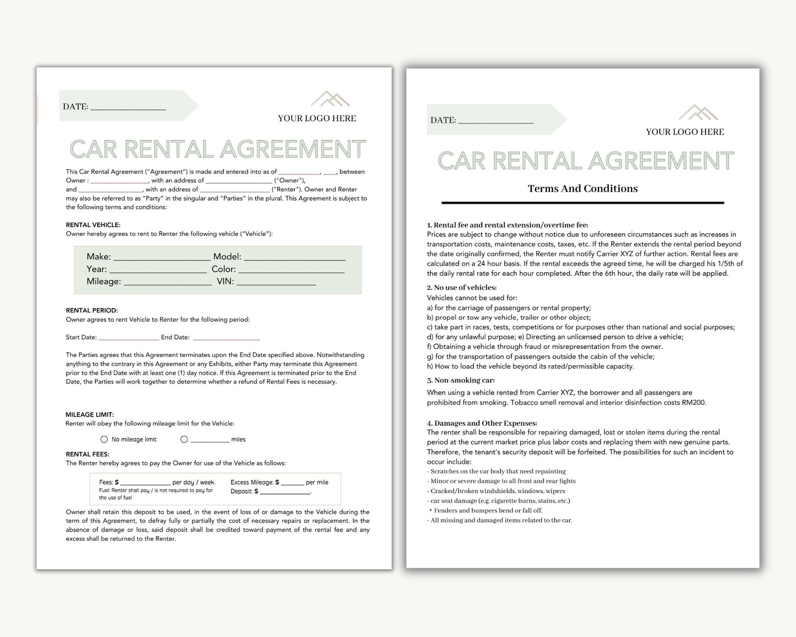 Editable Car Rental Agreement Template, Car Rental Contract, Car Rental ...
