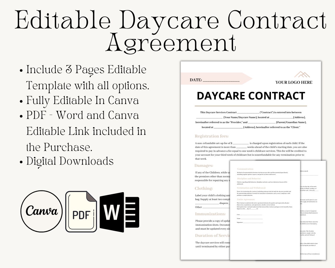 Editable Home Daycare Service Contract Template, Home Daycare Agreement ...