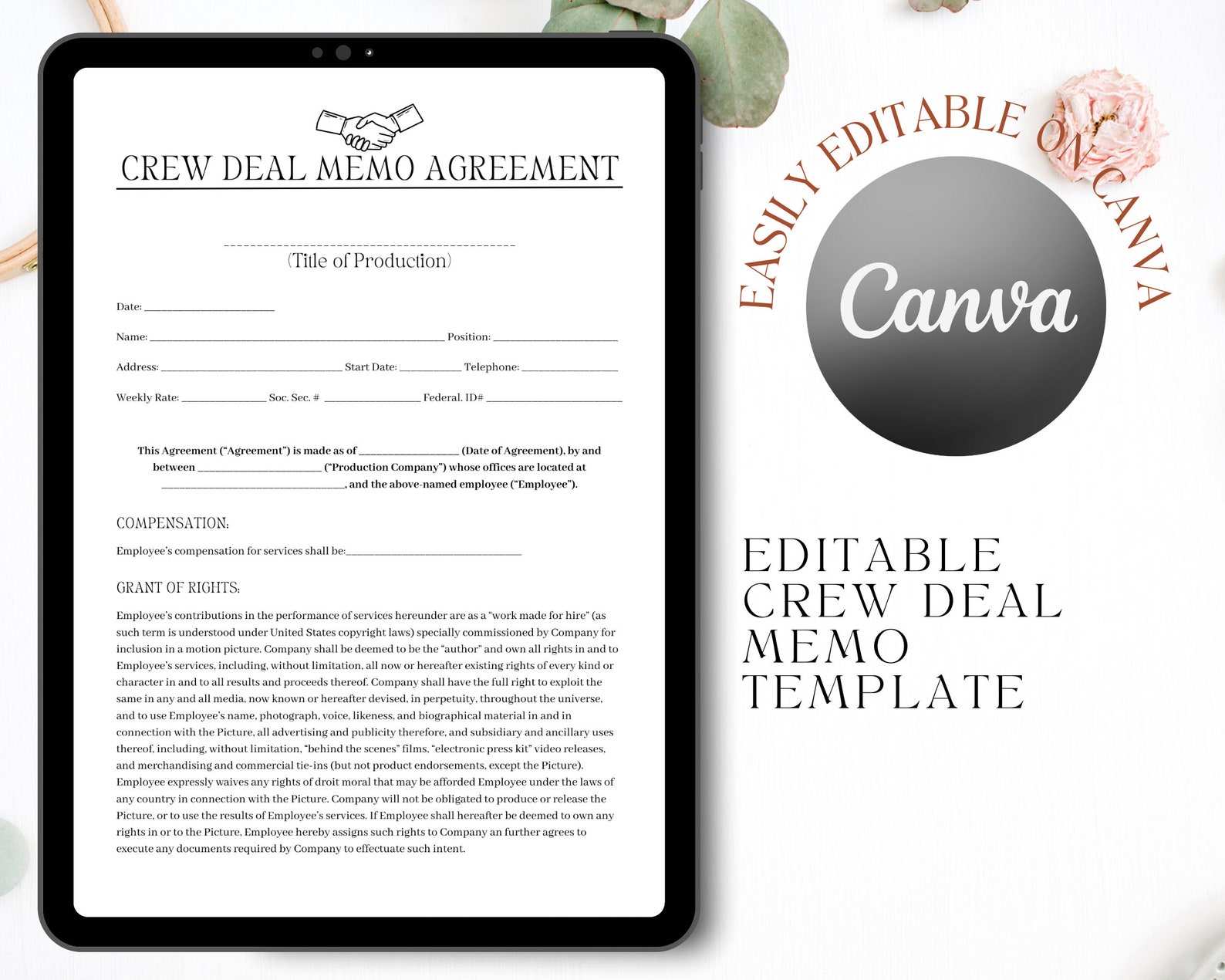 Editable Crew Deal Memo Contract Agreement Template, Editable Contract ...