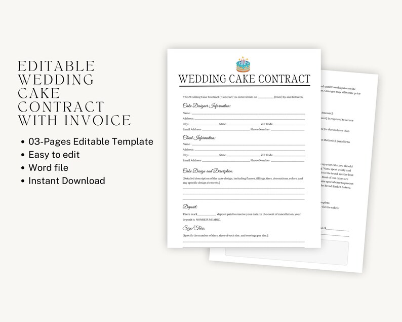 Editable Wedding Cake Contract Template, Wedding Cake Order Form ...