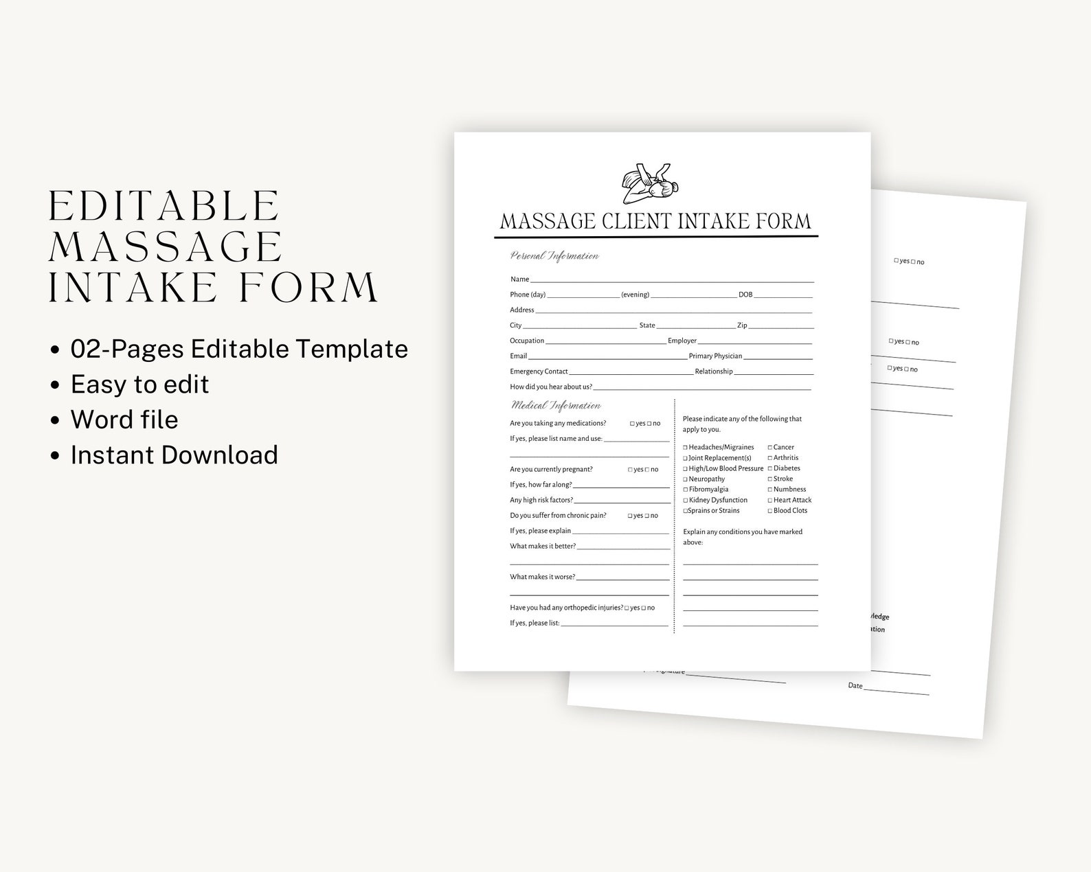 Professional Massage Intake Form, Massage Consent Form, Massage ...