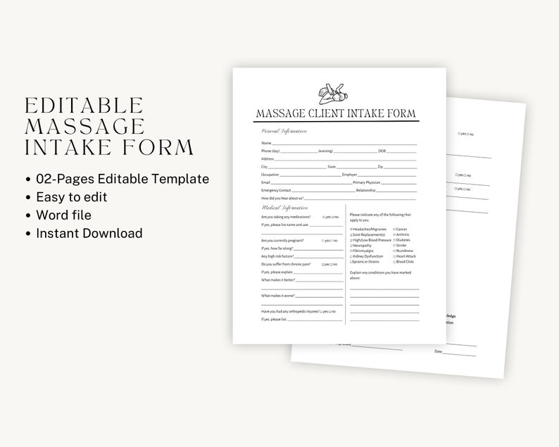 Professional Massage Intake Form, Massage Consent Form, Massage ...