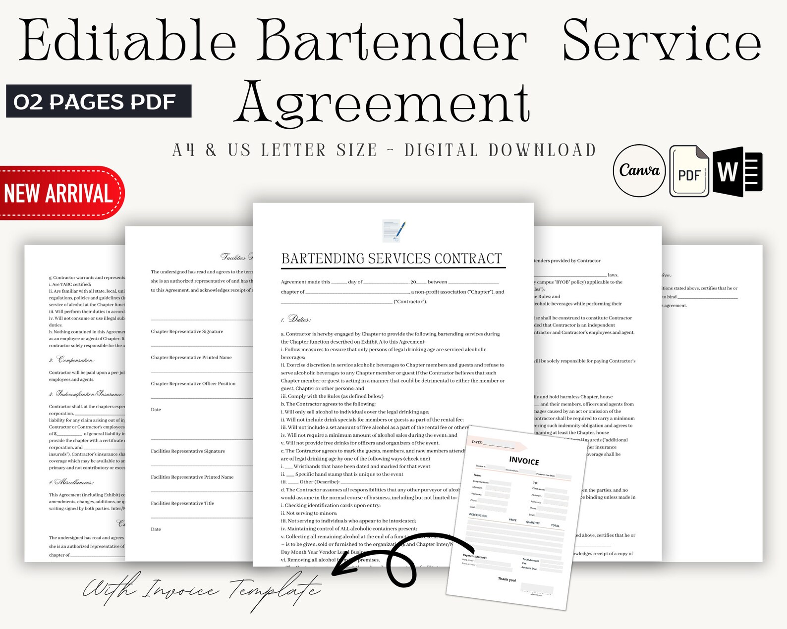 Editable Bartending Contracts, Bartender Agreement Template, Bartender ...