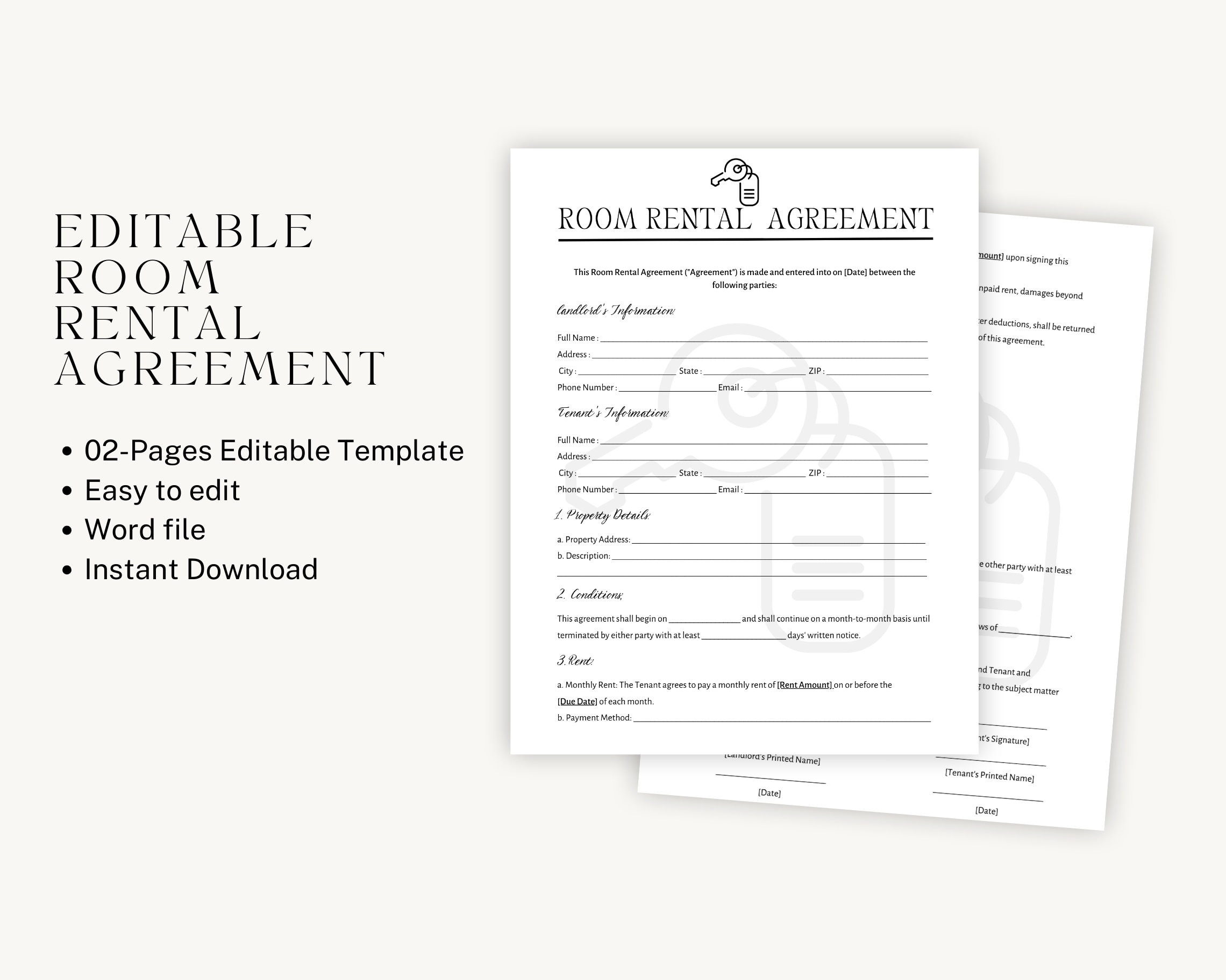 Editable Room Rental Agreement, Rent Room, Lease Agreement, Roommate ...