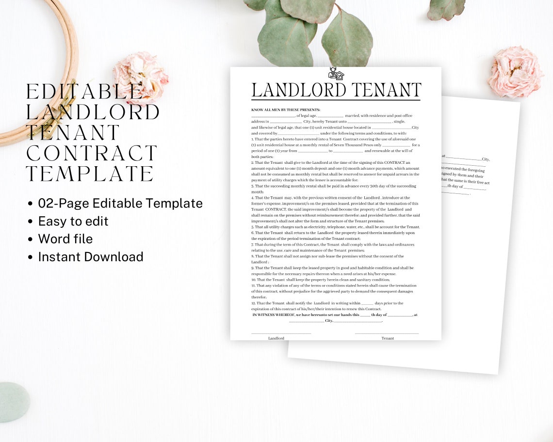 Editable Landlord Tenant Contract Template, Landlord Forms, Tenant ...