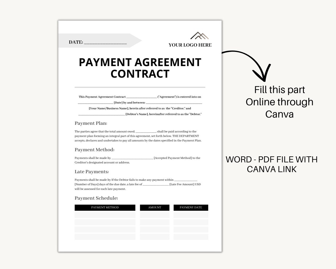 Payment Agreement Contract Template, Payment Plan Agreement, Agreement ...