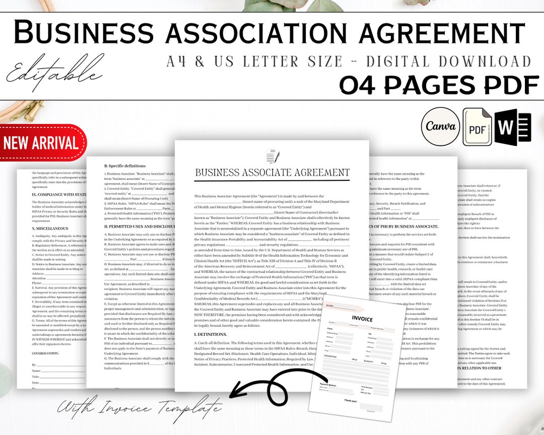 Editable Business Association Agreement, Service Agreement, Agreement ...