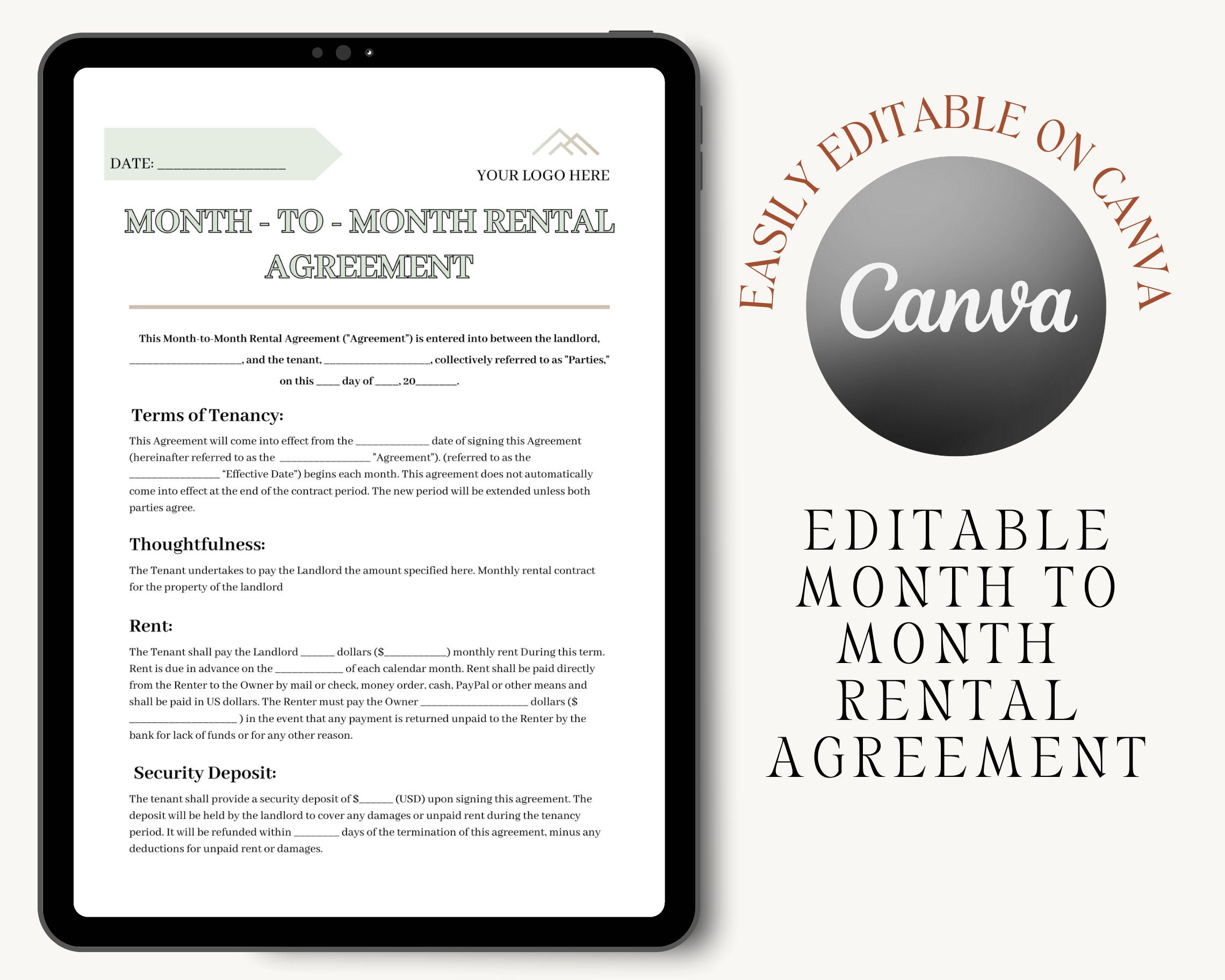 Editable Month to Month Rental Agreement, Residential Lease Agreement ...