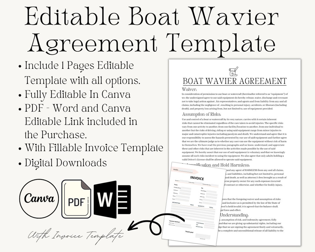 Editable Boat Wavier Rental Agreement Template With Invoice, Contract ...