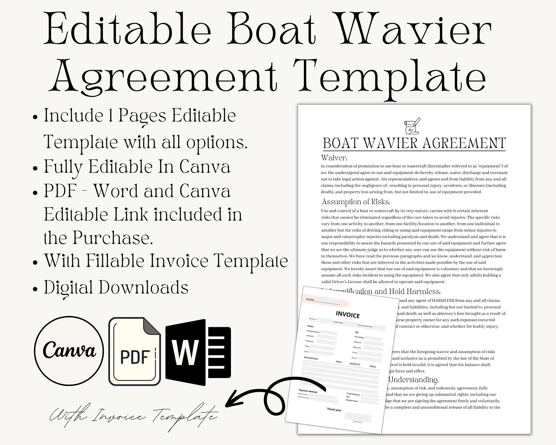 Editable Boat Wavier Rental Agreement Template With Invoice, Contract ...