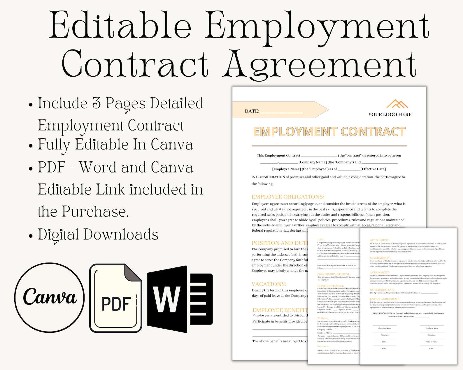 Editable Employment Contract Agreement Template, Employment Job Service ...