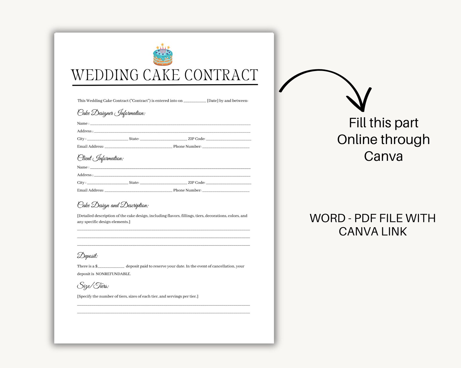 Editable Wedding Cake Contract Template, Wedding Cake Order Form ...