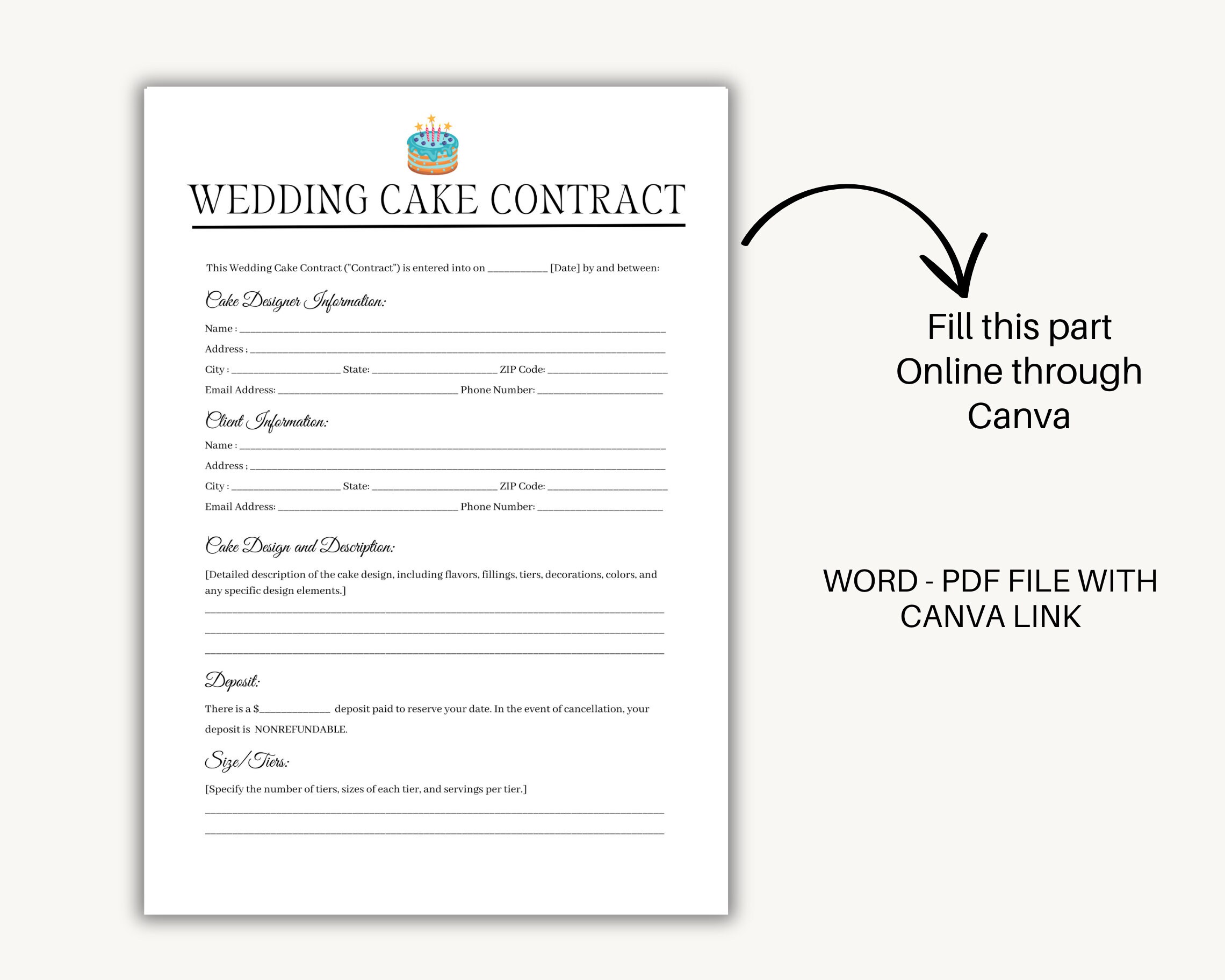 Editable Wedding Cake Contract Template, Wedding Cake Order Form ...
