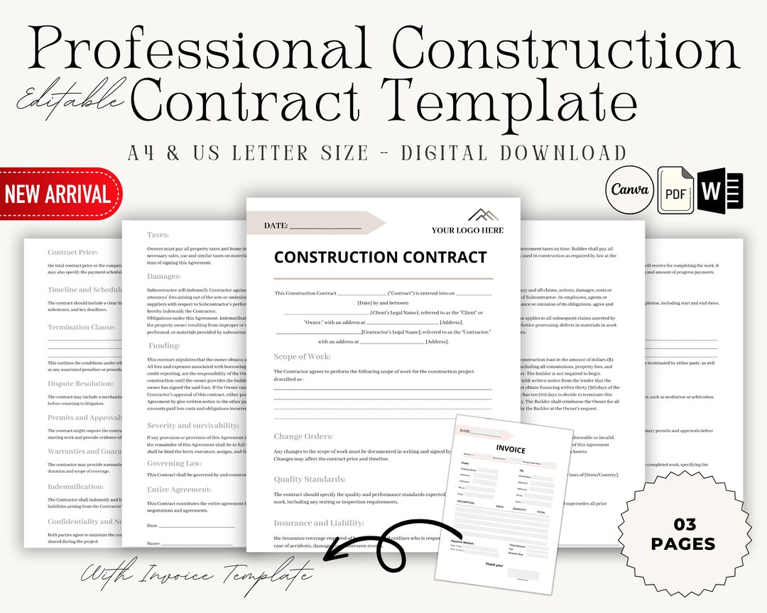 Editable Construction Contract Template, Contractor Contract Agreement ...