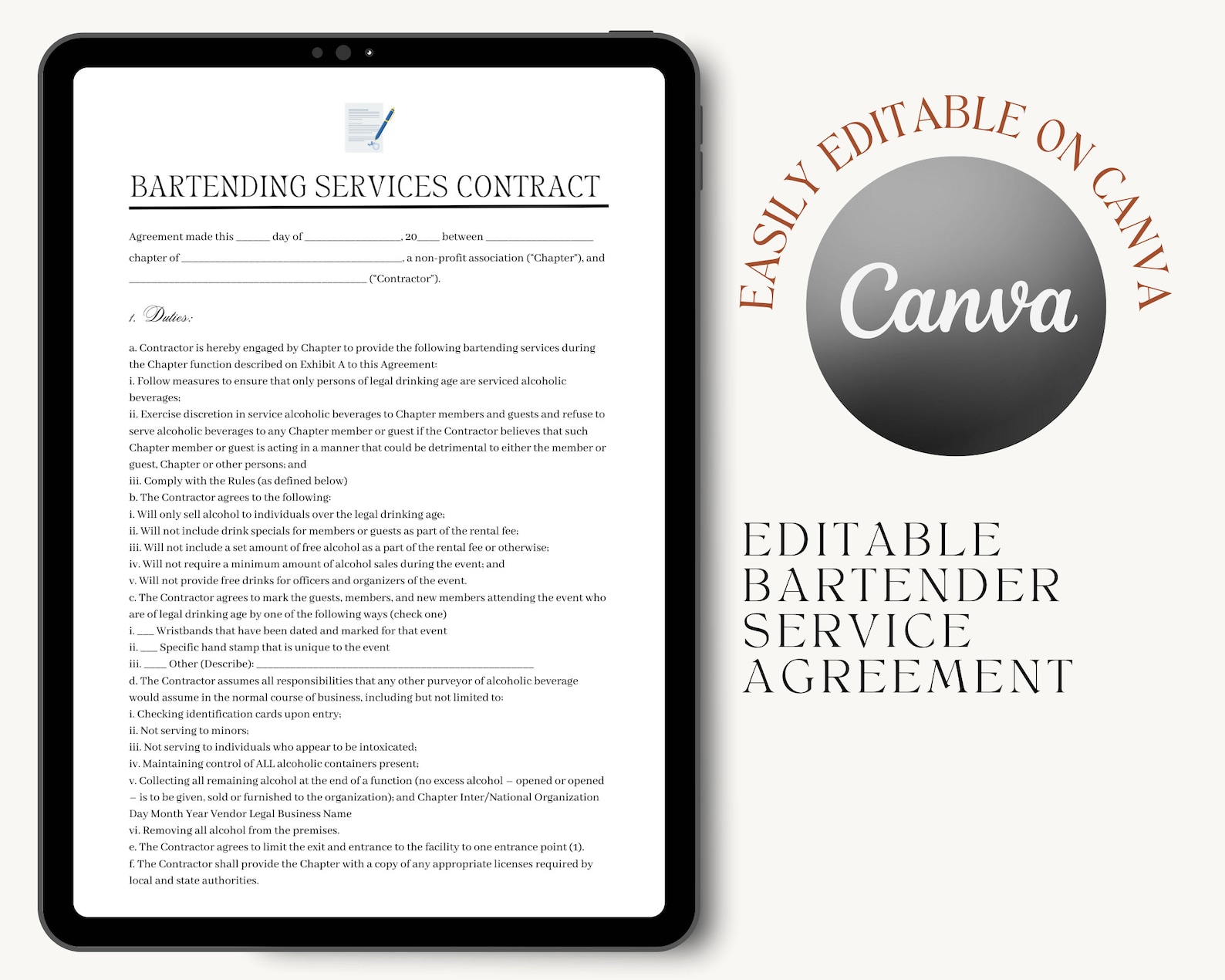 Editable Bartending Contracts, Bartender Agreement Template, Bartender ...