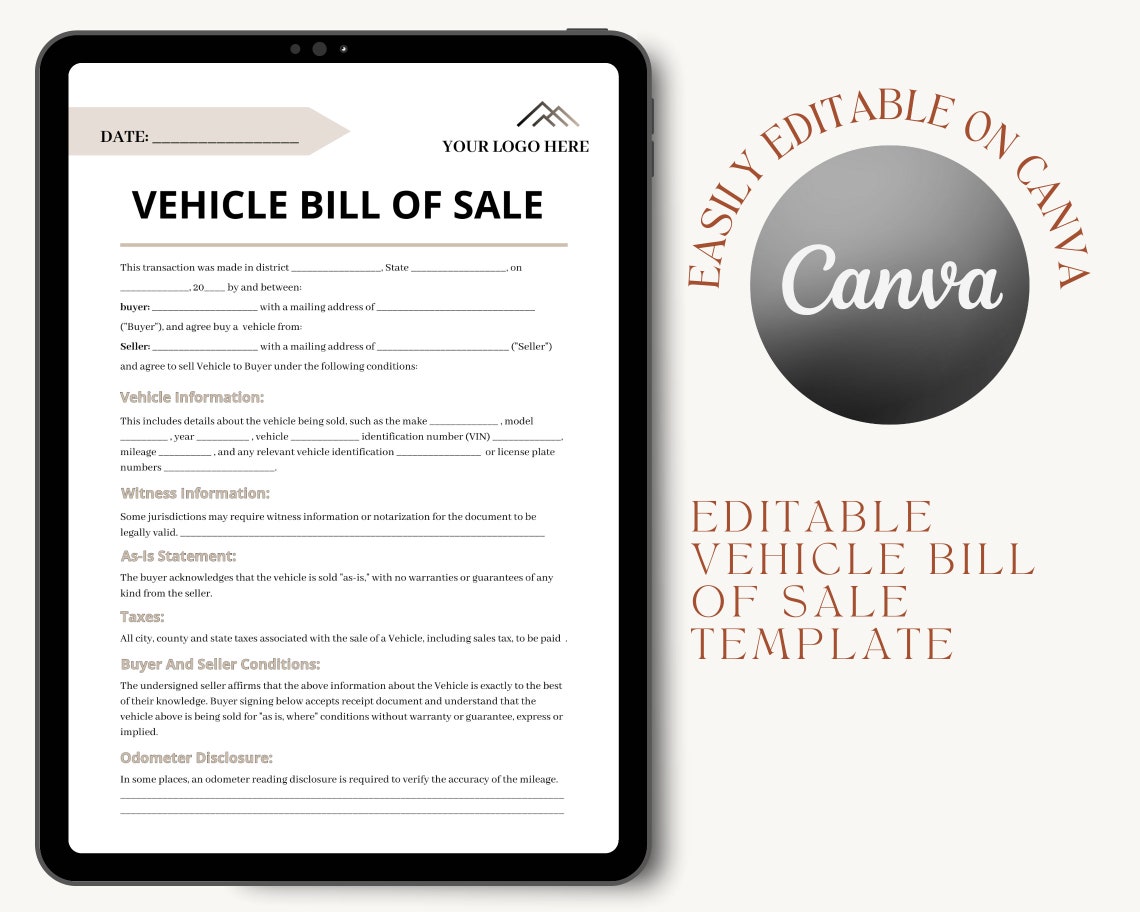 Editable Vehicle Bill of Sale Motor Vehicle Sale Contract - Etsy Canada