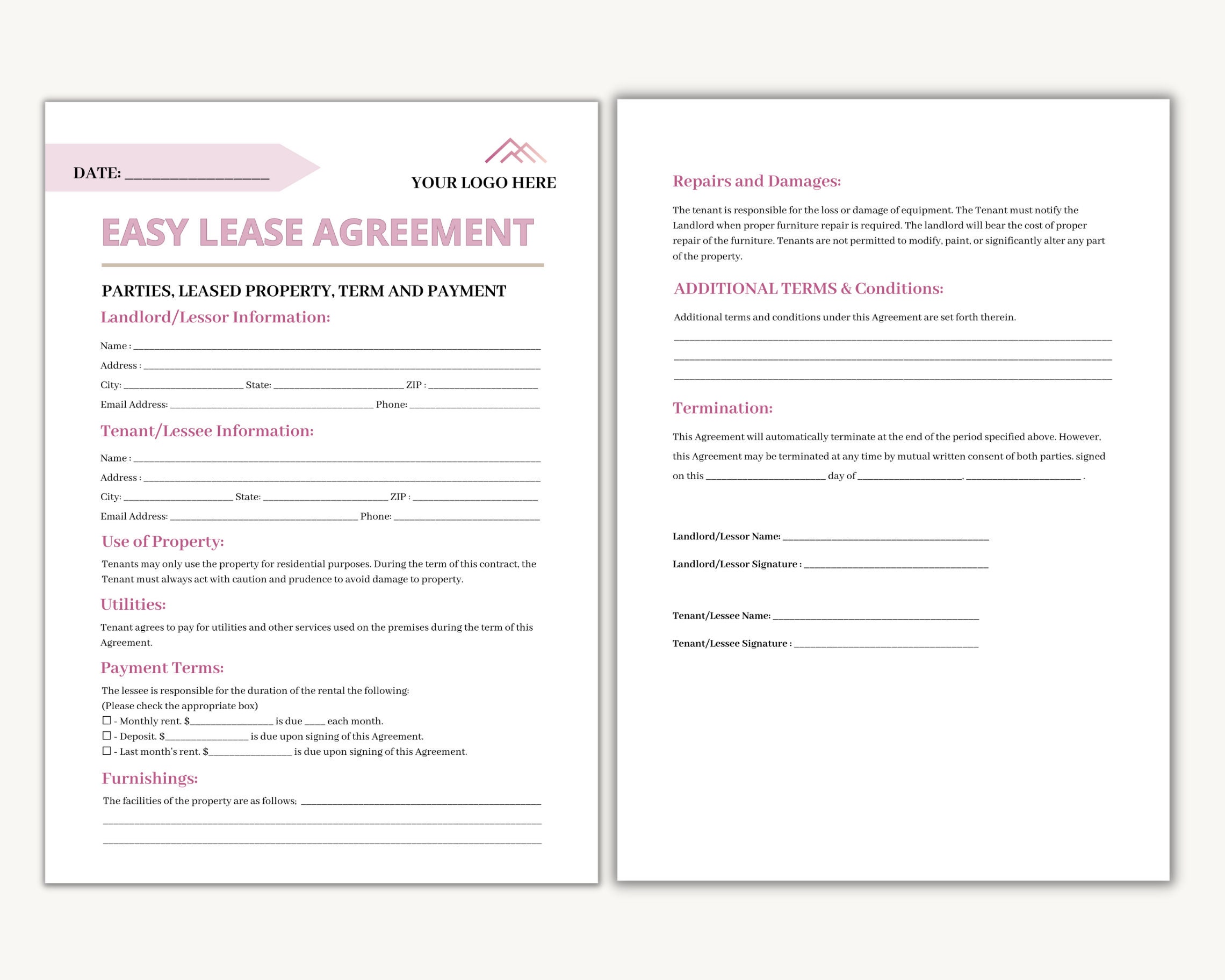 Editable Easy Lease Agreement Template, Rental Lease Contract Agreement ...