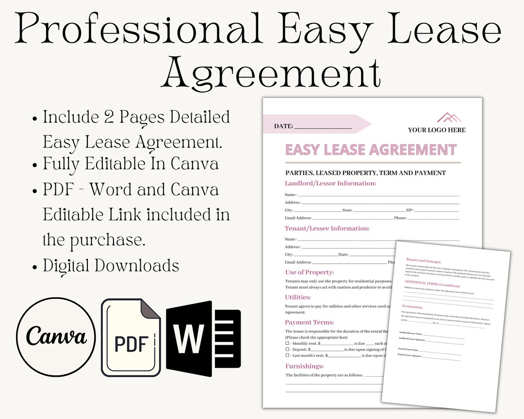 Editable Easy Lease Agreement Template, Rental Lease Contract Agreement ...