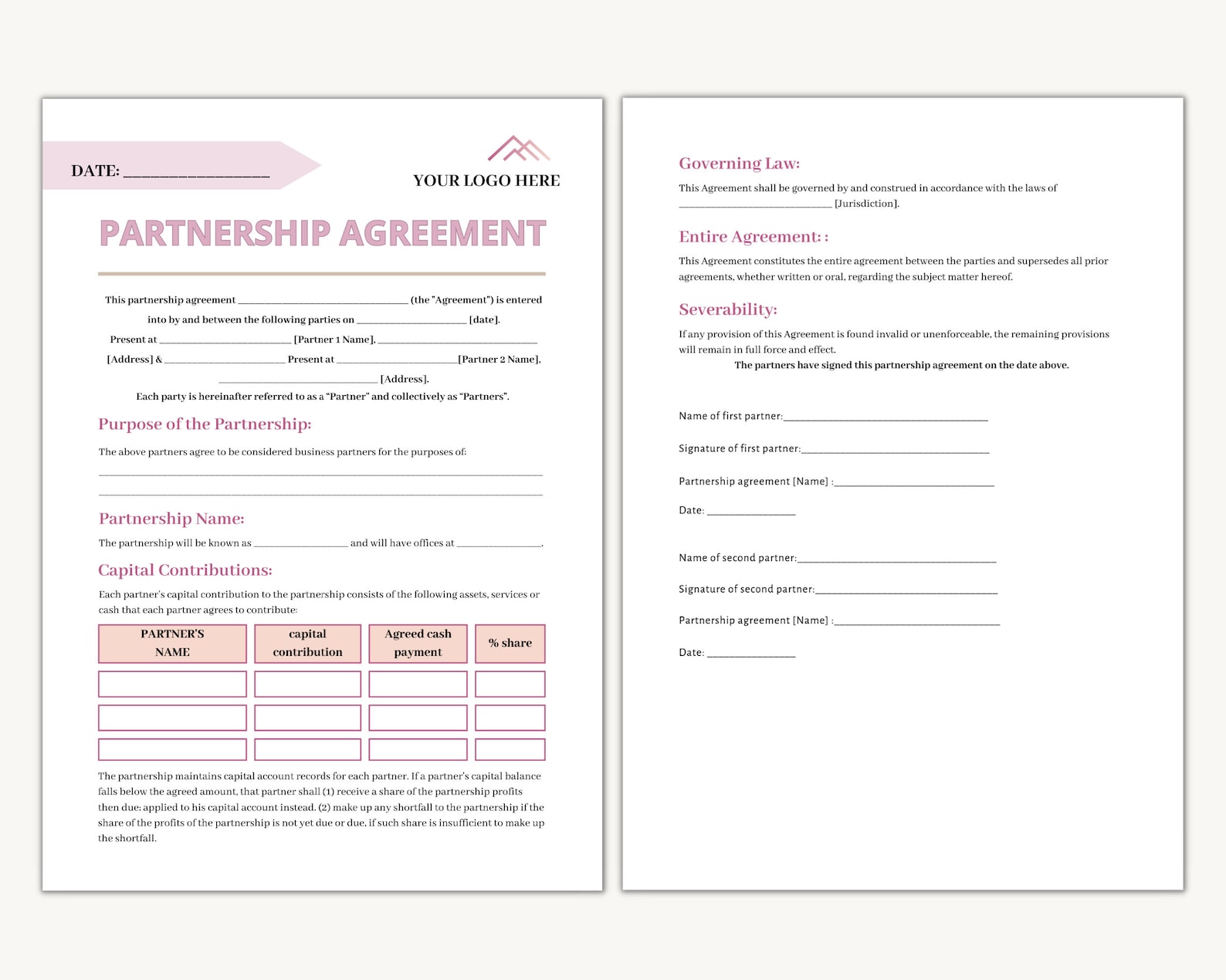 Editable Partnership Agreement Template, Partnership Contract ...