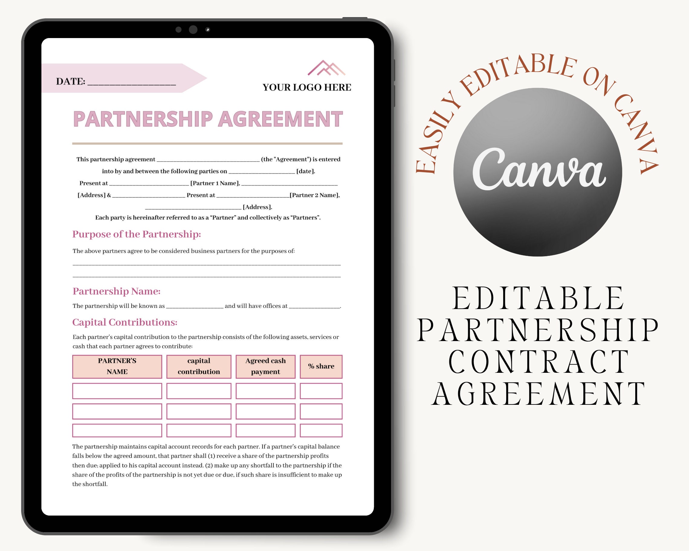 Editable Partnership Agreement Template, Partnership Contract ...