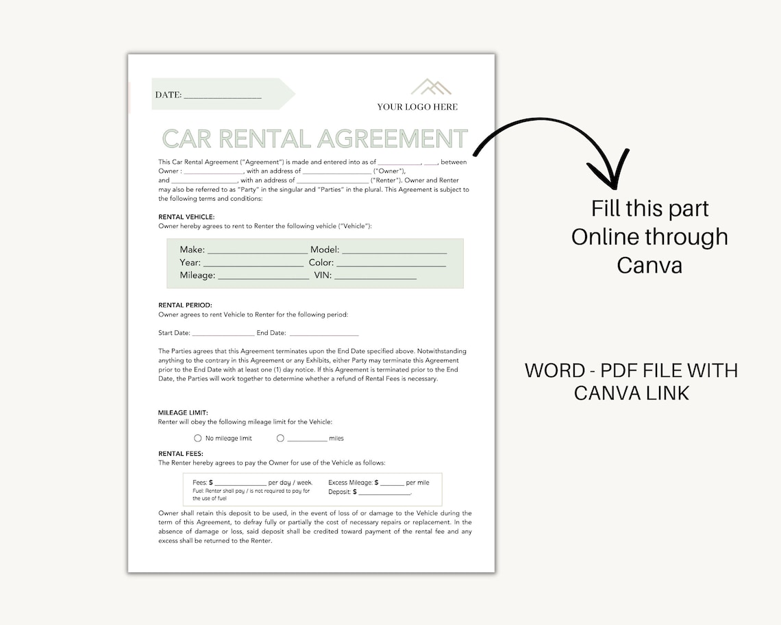 Editable Car Rental Agreement Template, Car Rental Contract, Car Rental ...